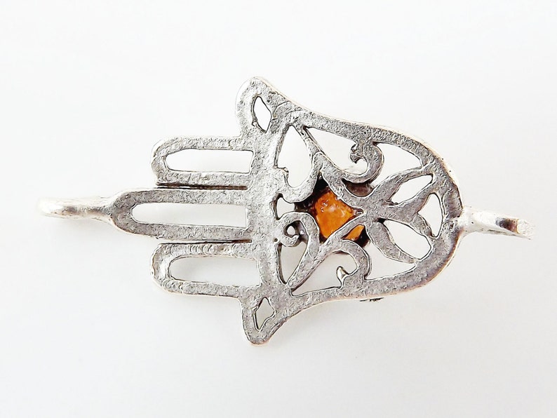 Hamsa Hand of Fatima Connector With Orange Jade Stone - Matte Silver ...