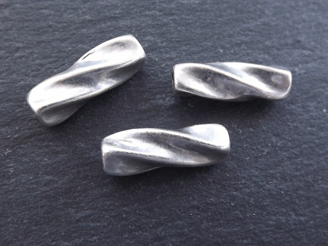 Large Long Twisted Metal Tube Beads - Matte Silver Plated Brass - 3pc ...