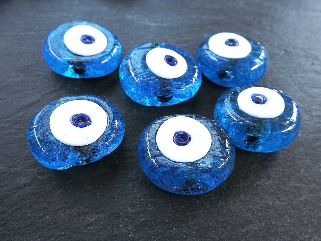 6 Aegean Blue Evil Eye Nazar Glass Bead Traditional Turkish Handmade ...