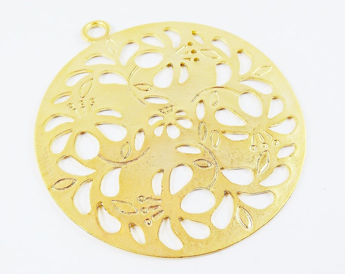 Extra Large Round Fretwork Flower Detail Pendant - 22k Matte Gold ...