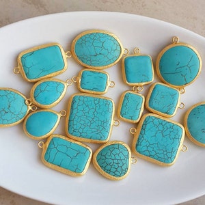 32mm Rectangle Turquoise Stone Pendant - 22k Matte Gold Plated Bezel ...