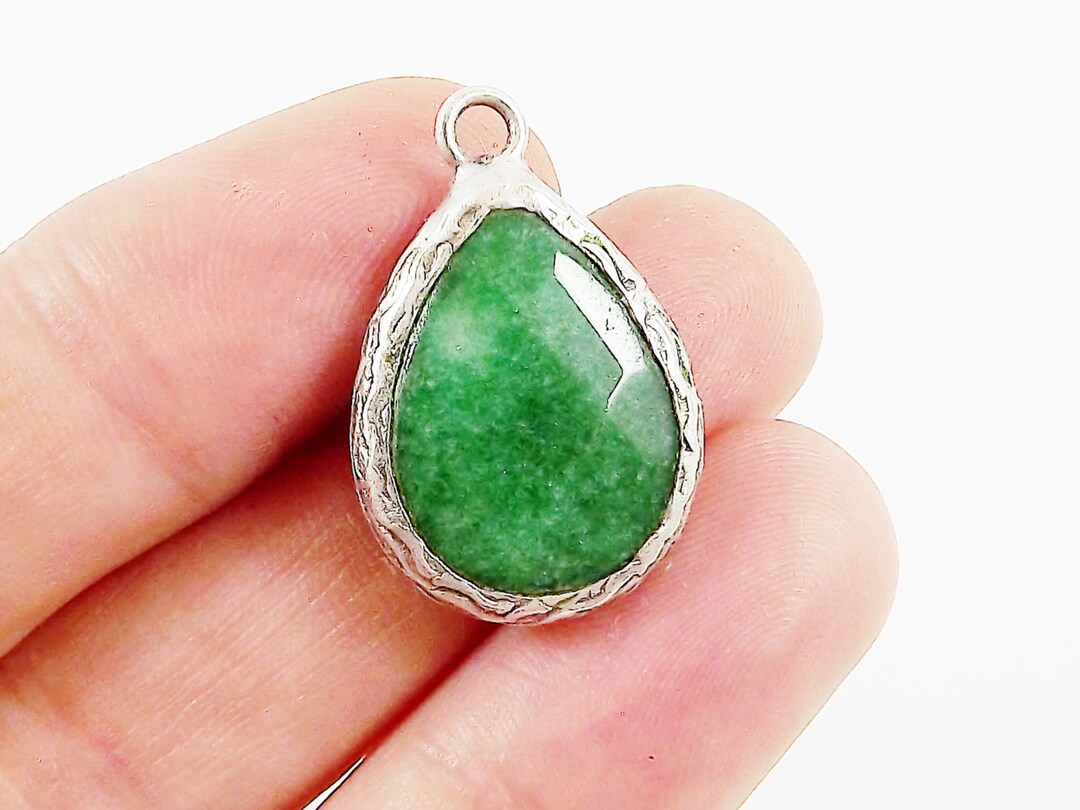 Emerald Green Teardrop Jade Pendant - Matte Antique Silver Plated - 1pc ...