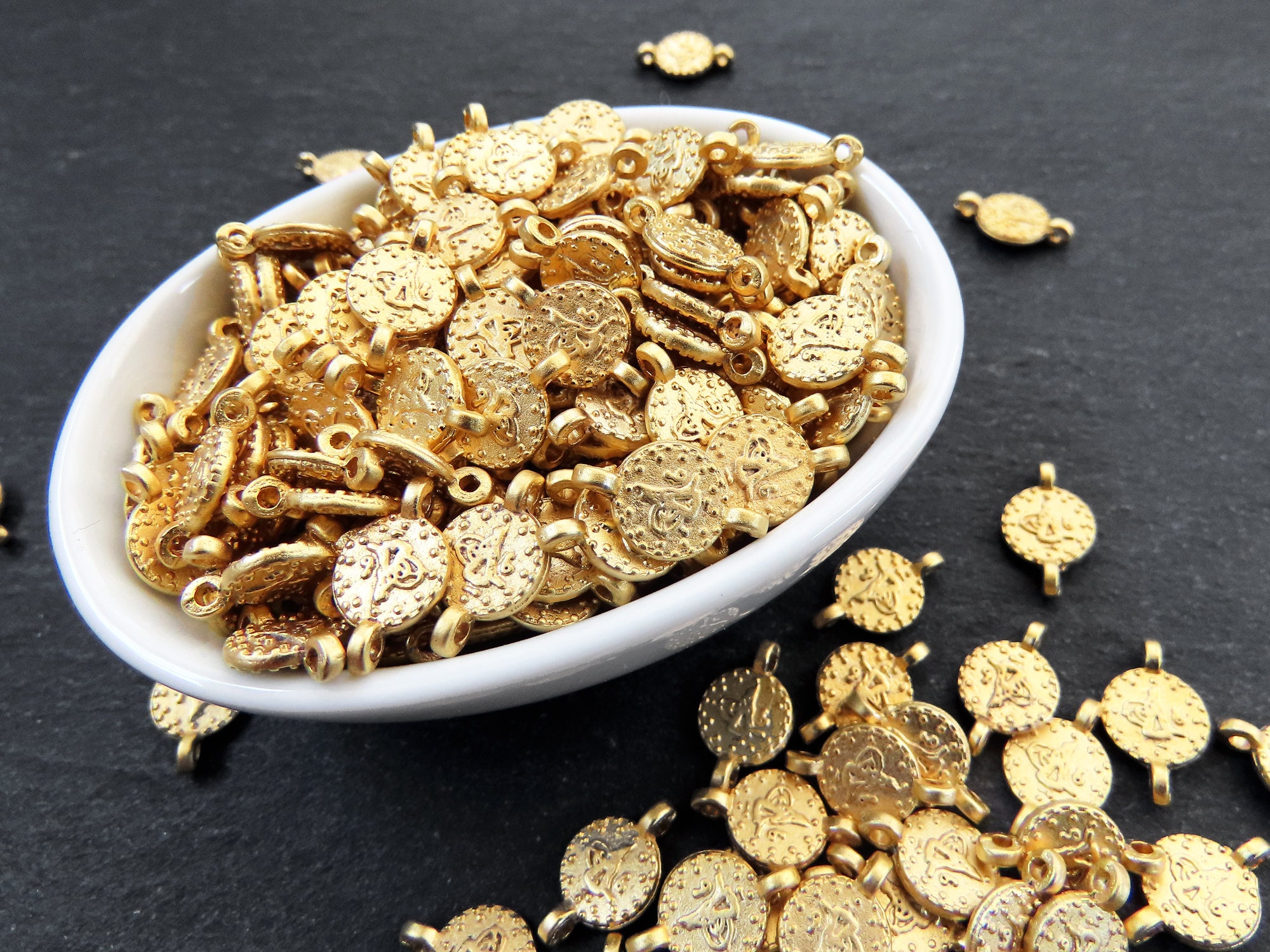 20 Mini Round Coin Charm Connectors With Two Loops Dotted - Etsy