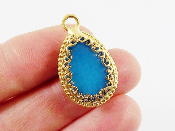 Cyan Blue Teardrop Jade Pendant Rustic Swirl Bezel 22k | Etsy