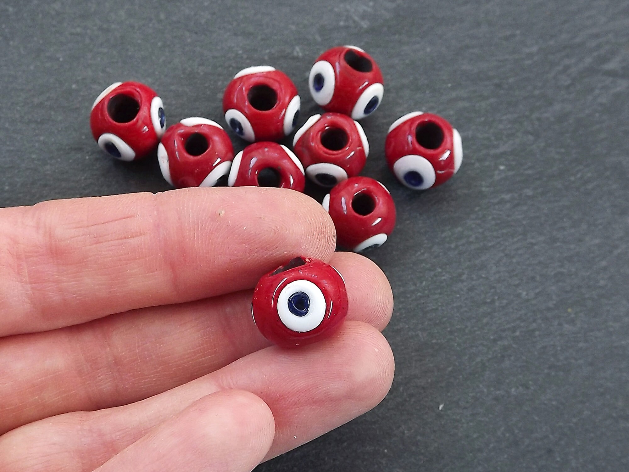 10 Red Glass Evil Eye Beads, Chunky Rondelle Artisan Handmade Lucky ...