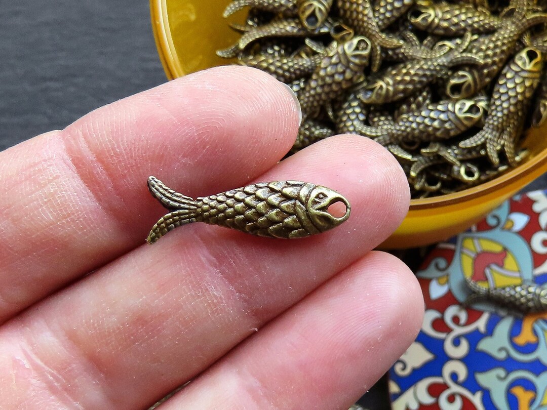 6 Rustic Double Sided Fish Charms, Good Luck Charm, Prosperity Symbol ...