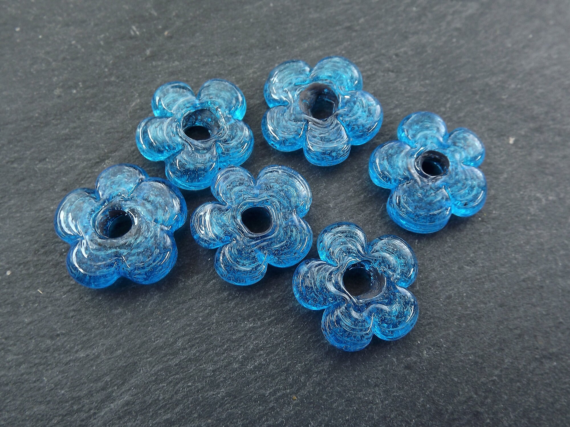 6 Aegean Blue Glass Flower Beads, Large Chunky Flower Artisan Handmade ...