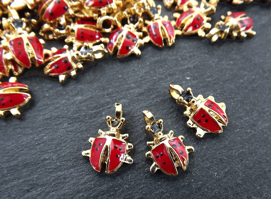 3 Ladybug Charms, Red Enamel Ladybird Charm, Insect Jewelry, Lucky ...