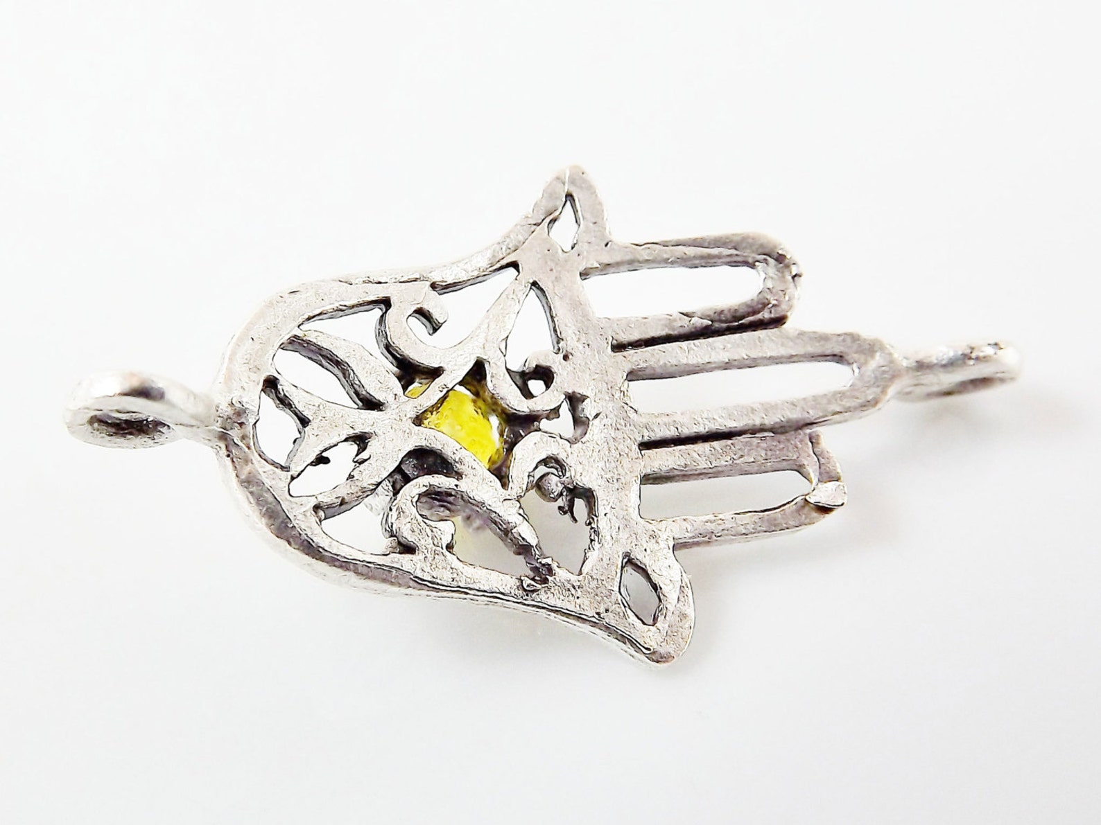 Hamsa Hand of Fatima Connector With Yellow Jade Stone - Matte Silver ...