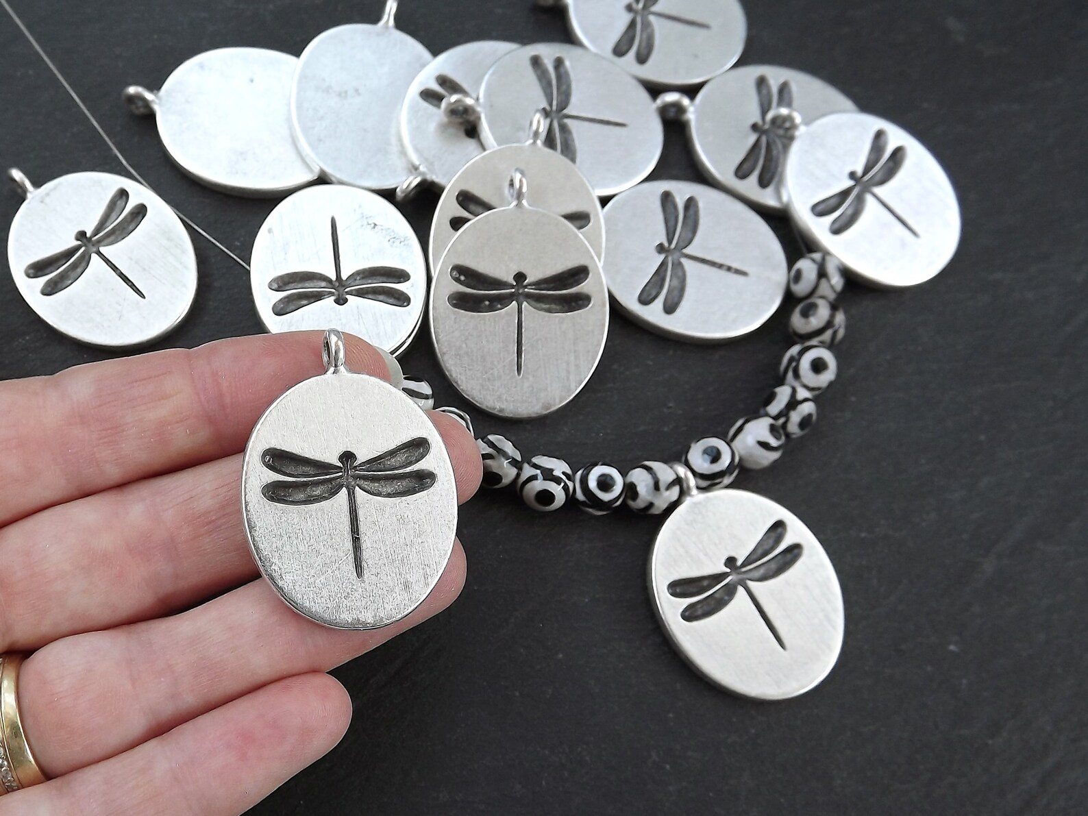 Oval Dragonfly Pendant, Horizontal Loop Bail, Good Luck Charm ...