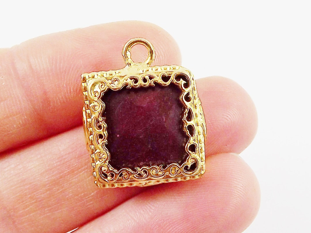 Deep Red Square Jade Pendant - Rustic Swirl Bezel - 22k Matte Gold ...