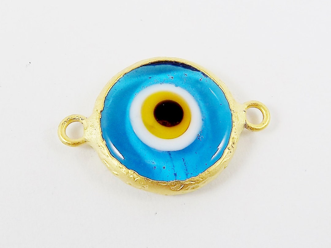 Translucent Blue Yellow Evil Eye Round Artisan Handmade Glass Connector ...