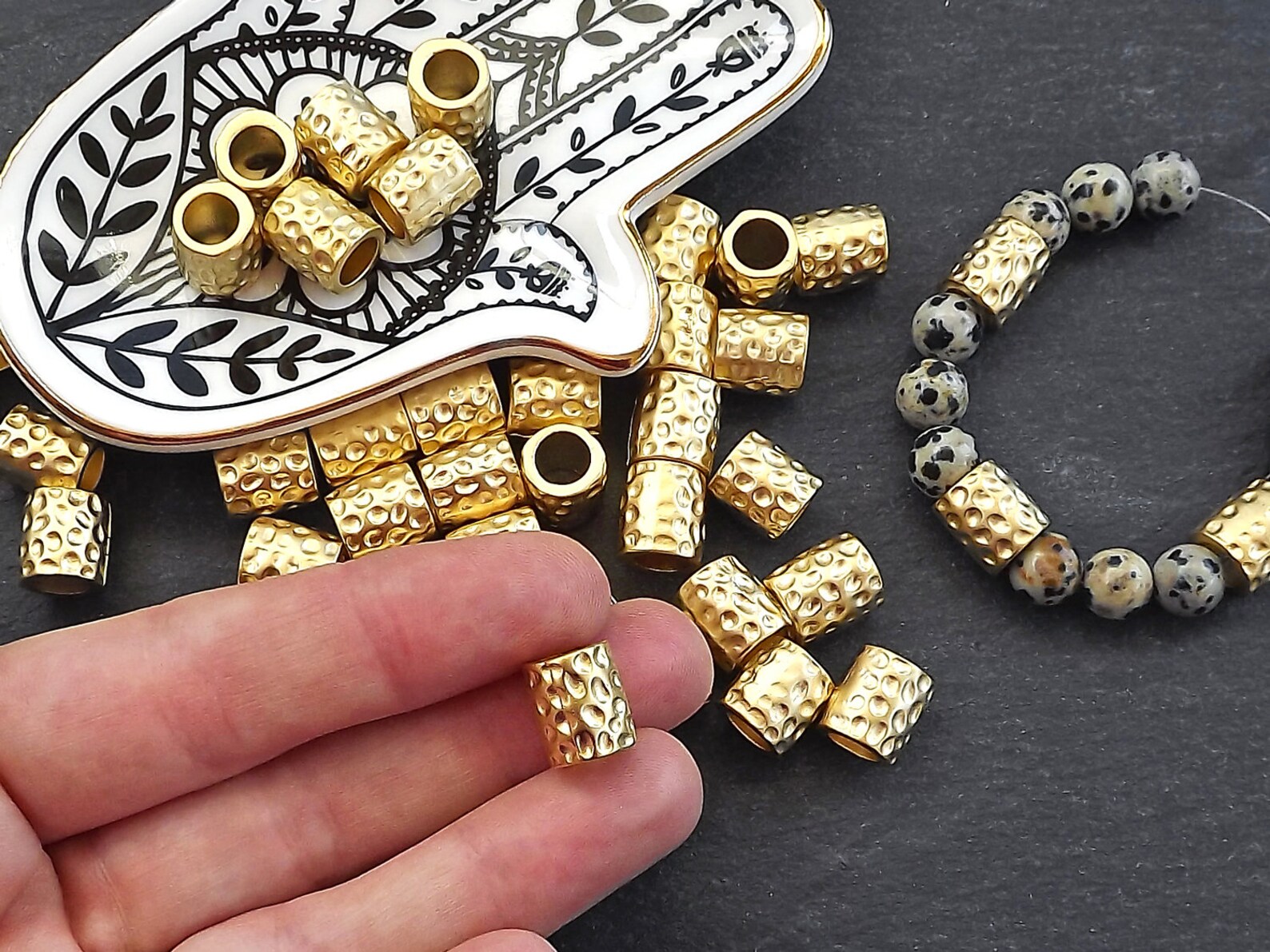 Hammered Tube Beads, Gold Tube Beads, Barrel Bead, Dotted, Dimple, Gold ...