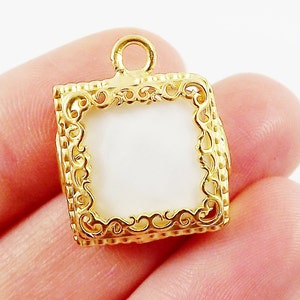 White Square Jade Pendant - Rustic Swirl Bezel - 22k Matte Gold Plated ...
