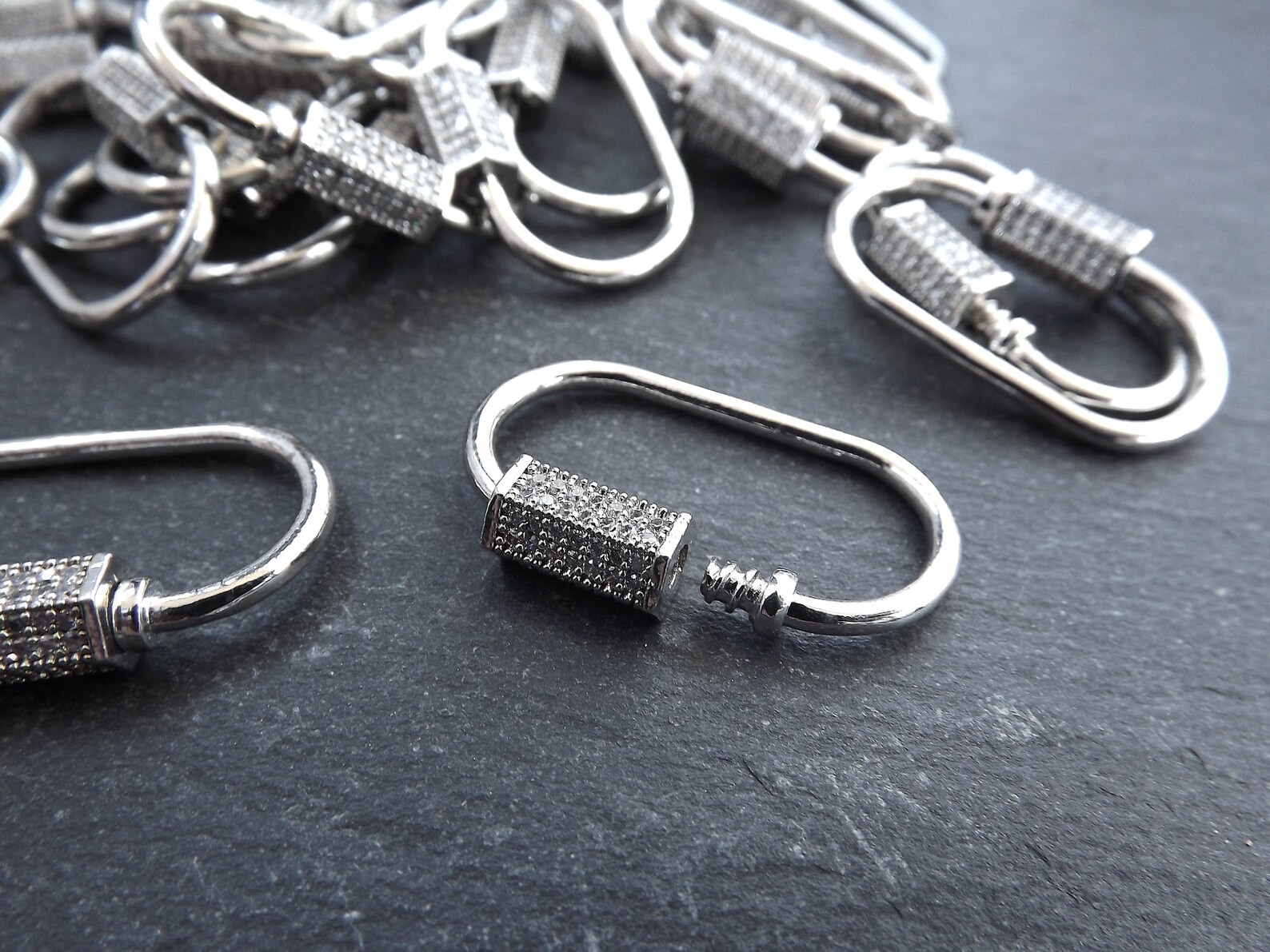 Carabiner Clasp Large Oval Screw Clasp, CZ Cubic Zirconia Stones ...