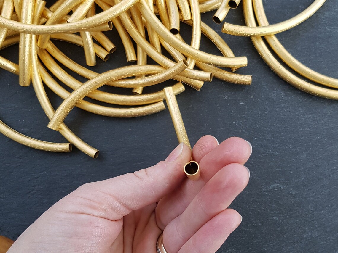 Gold Curve Tube Bead Bar, Large Curve Tube, Textured Tube Bead, Gold ...
