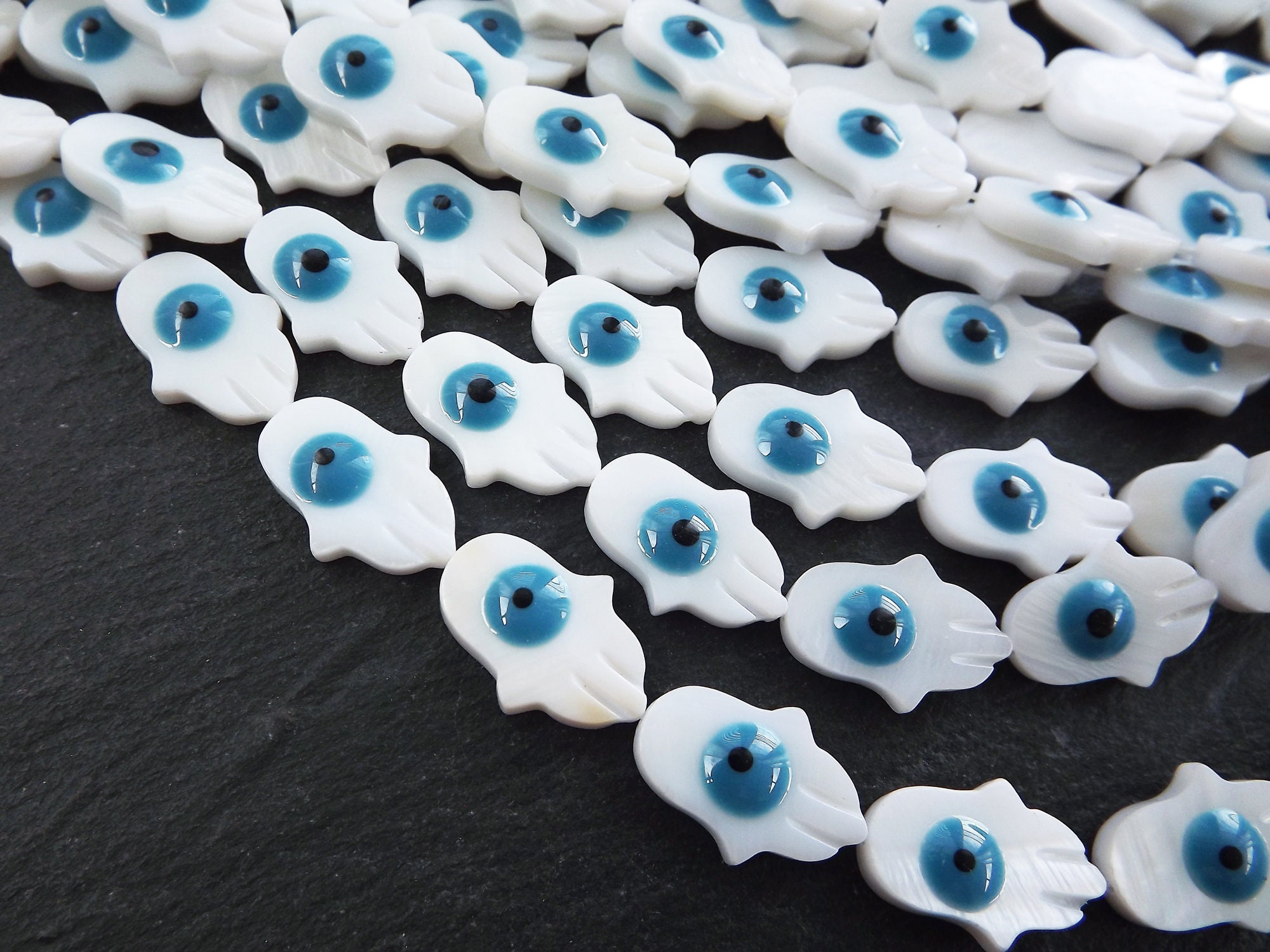 5 Mother of Pearl Evil Eye Hamsa Hand Beads, Enamel Evil Eye Bead ...