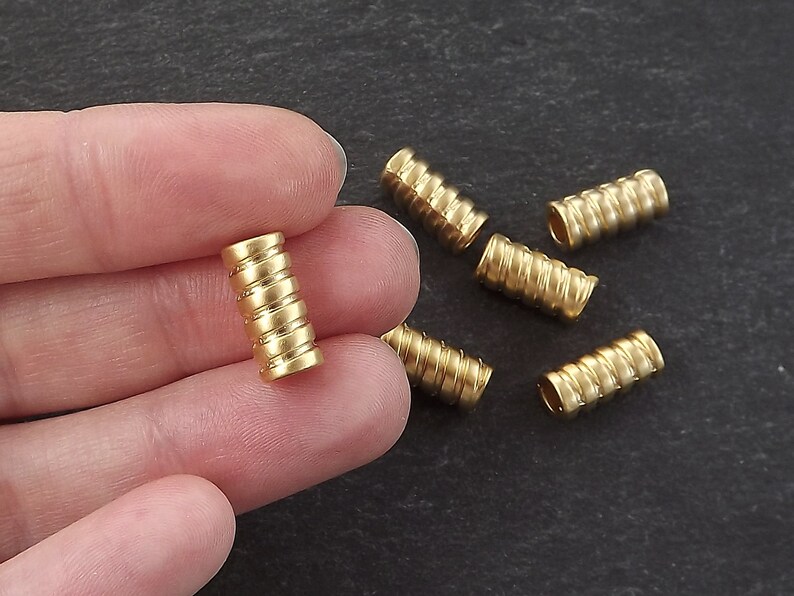 Large Narrow Spiral Ribbed Barrel Tube Beads - 22k Matte Gold Plated ...