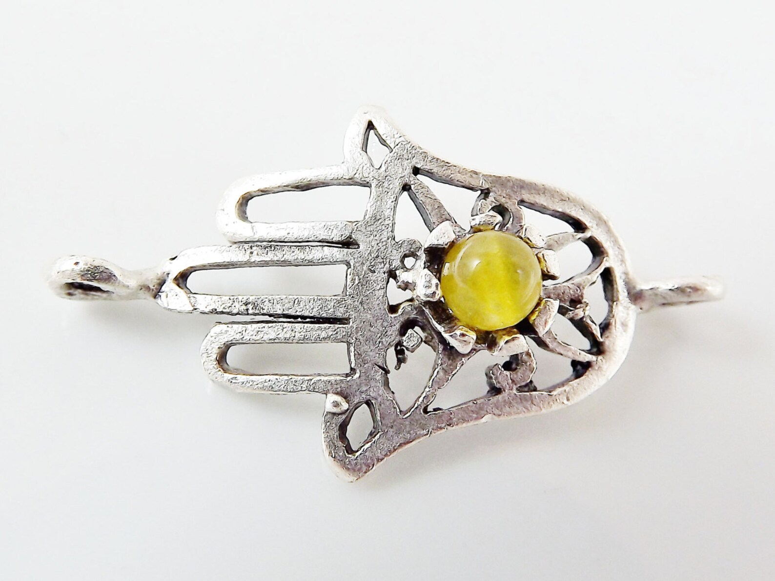 Hamsa Hand of Fatima Connector With Yellow Jade Stone - Matte Silver ...