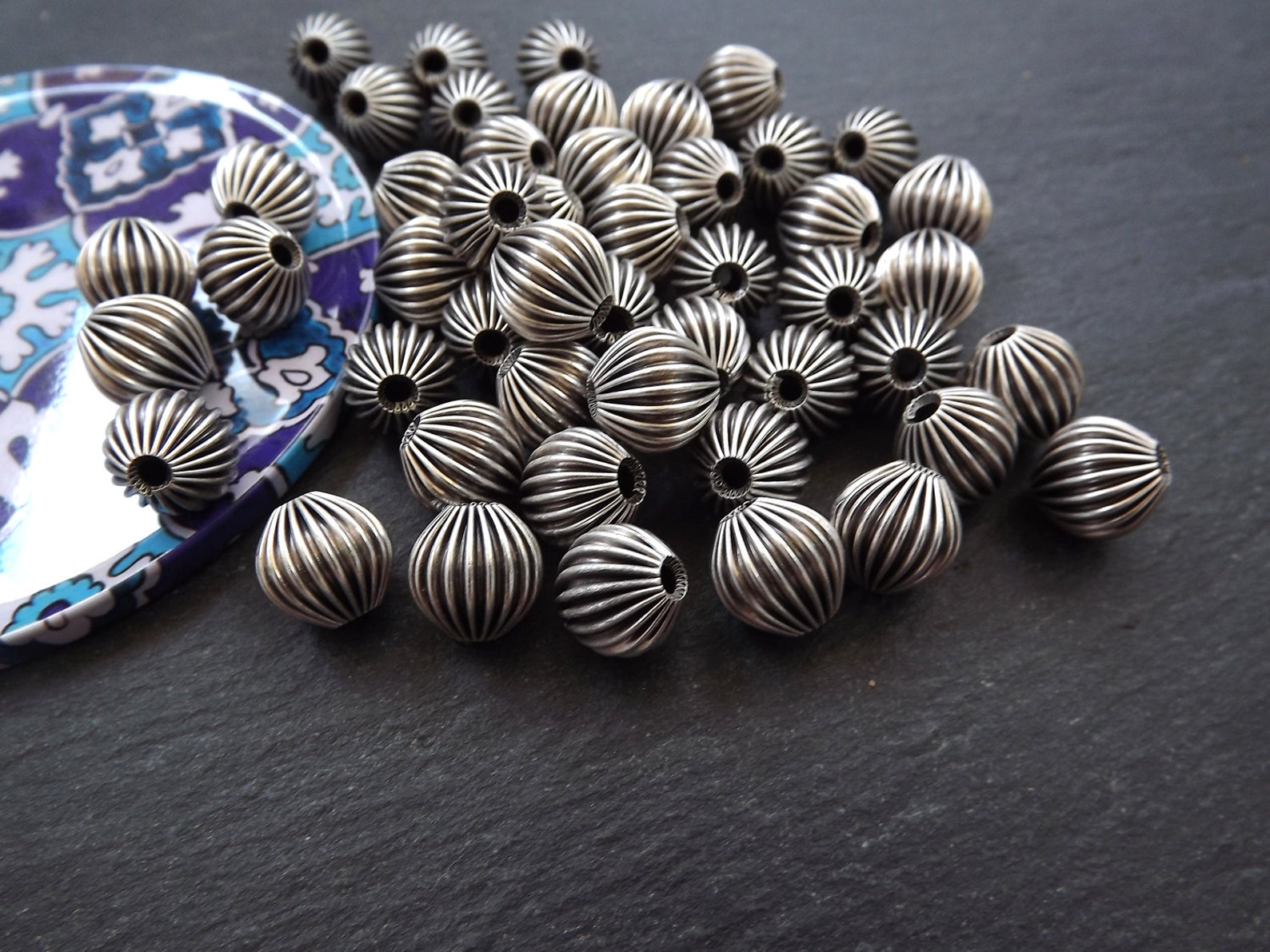 Corrugated Bead Round Silver Bead Ribbed Bead Large Round - Etsy