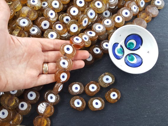6 Caramel Honey Yellow Evil Eye Nazar Glass Bead Traditional | Etsy