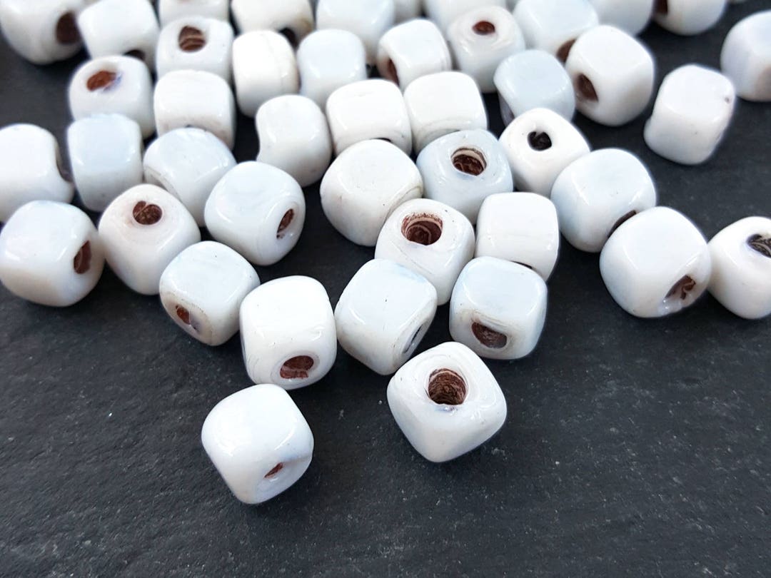 White Glass Beads, White Cube Beads, Rustic Glass Beads, Glass Cube ...
