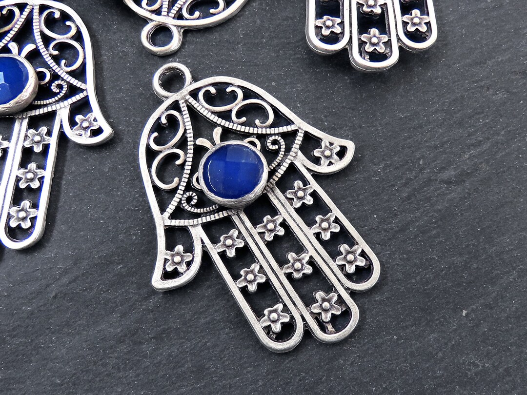 Hand of Fatima Hamsa Hand Pendant With Round Blue Jade Stone, Large ...