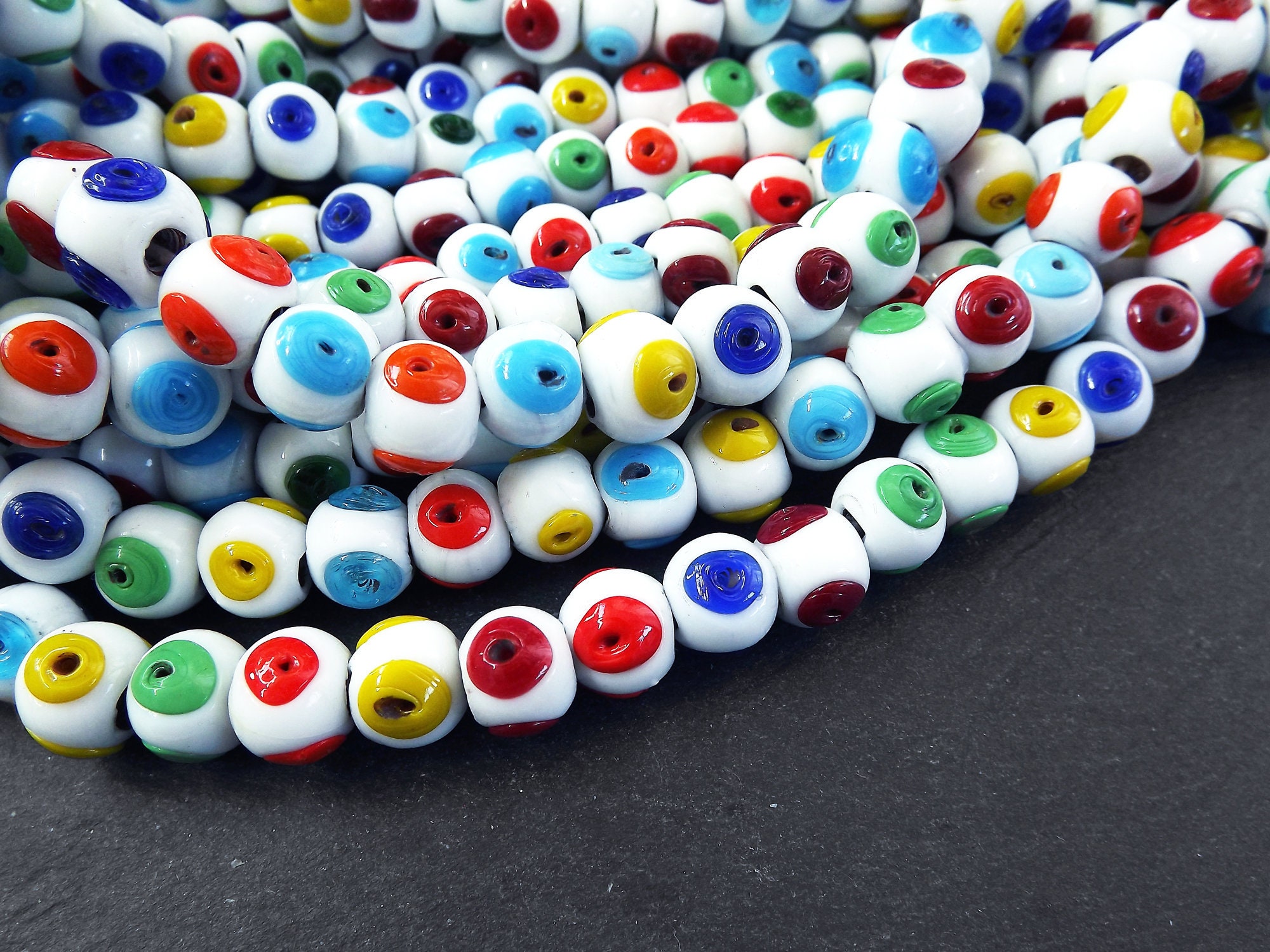 White Evil Eye Beads, Rainbow Colorful Glass Eye Beads, Chunky Rondelle ...