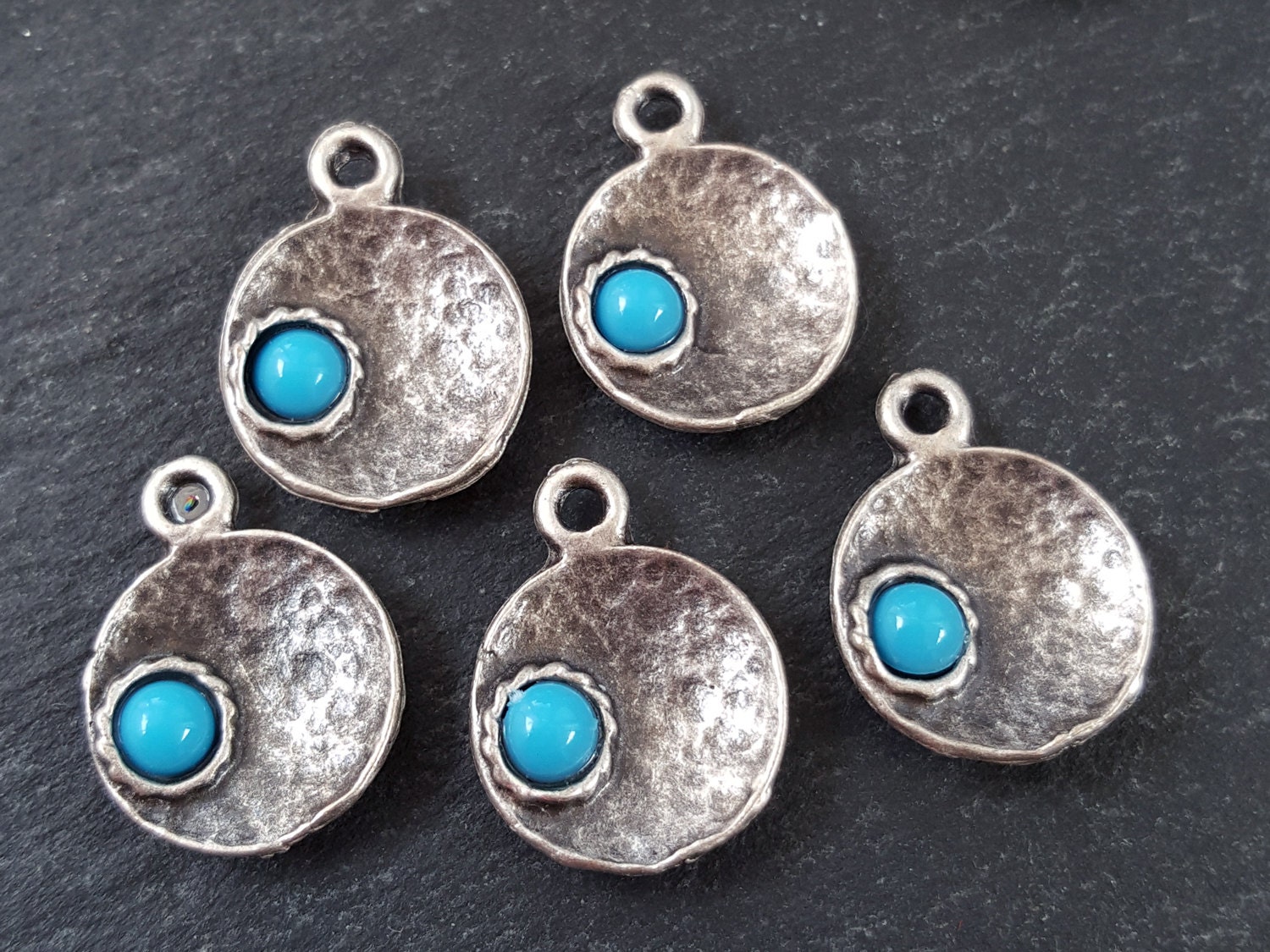 Blue Bead Inverted Dome Shaped Pendant Charms Matte Antiques Silver ...