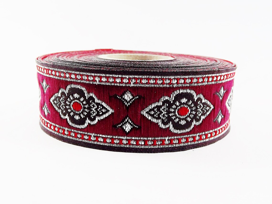 25mm Exotic Ethnic Red Silver Woven Embroidered Jacquard Trim Ribbon ...