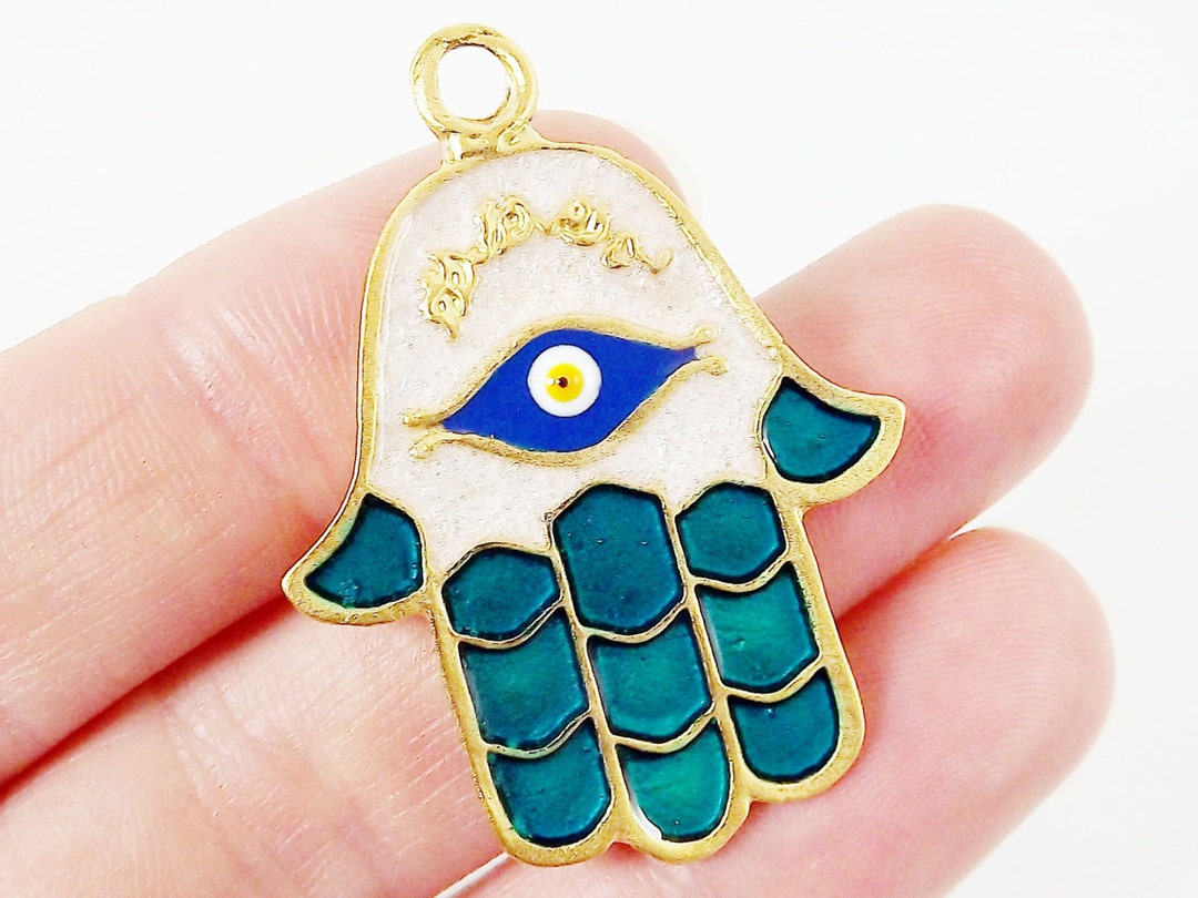 Aqua Hamsa Hand of Fatima Enamel Blue Evil Eye Pendant - Matte Gold ...