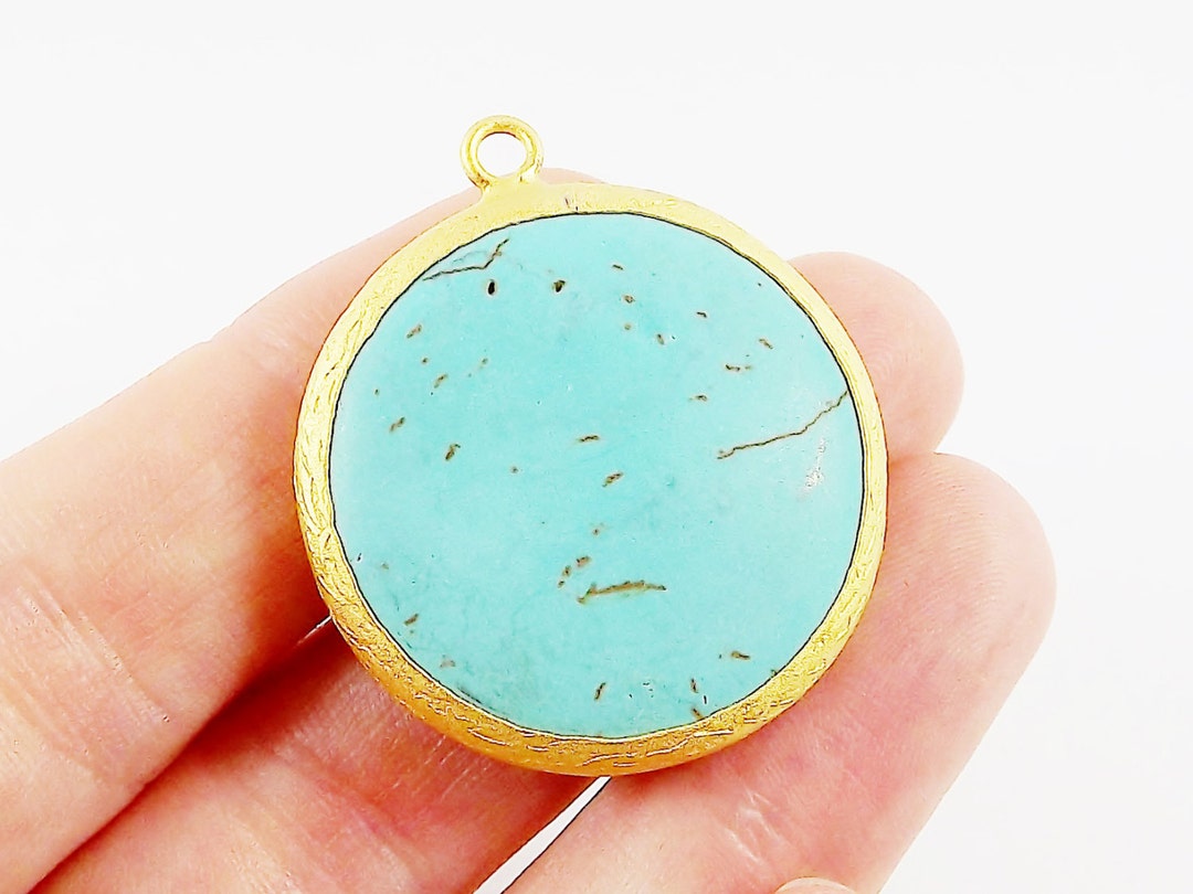32mm Round Smooth Turquoise Stone Pendant - 22k Matte Gold Plated Bezel ...