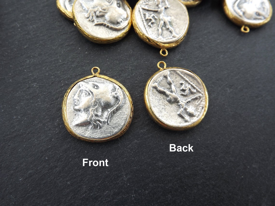 Greek Coin Pendant Gold Frame Bezel Athena Slinger and - Etsy