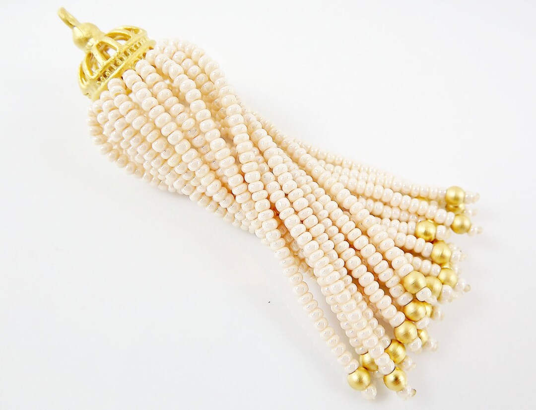 Long Pearly Cream Beaded Tassel - 22k Matte Gold Plated Brass - 1PC - Etsy