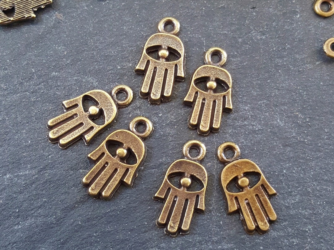 6 Rustic Mini Hamsa Hand of Fatima Eye Charms - Antique Bronze Plated ...