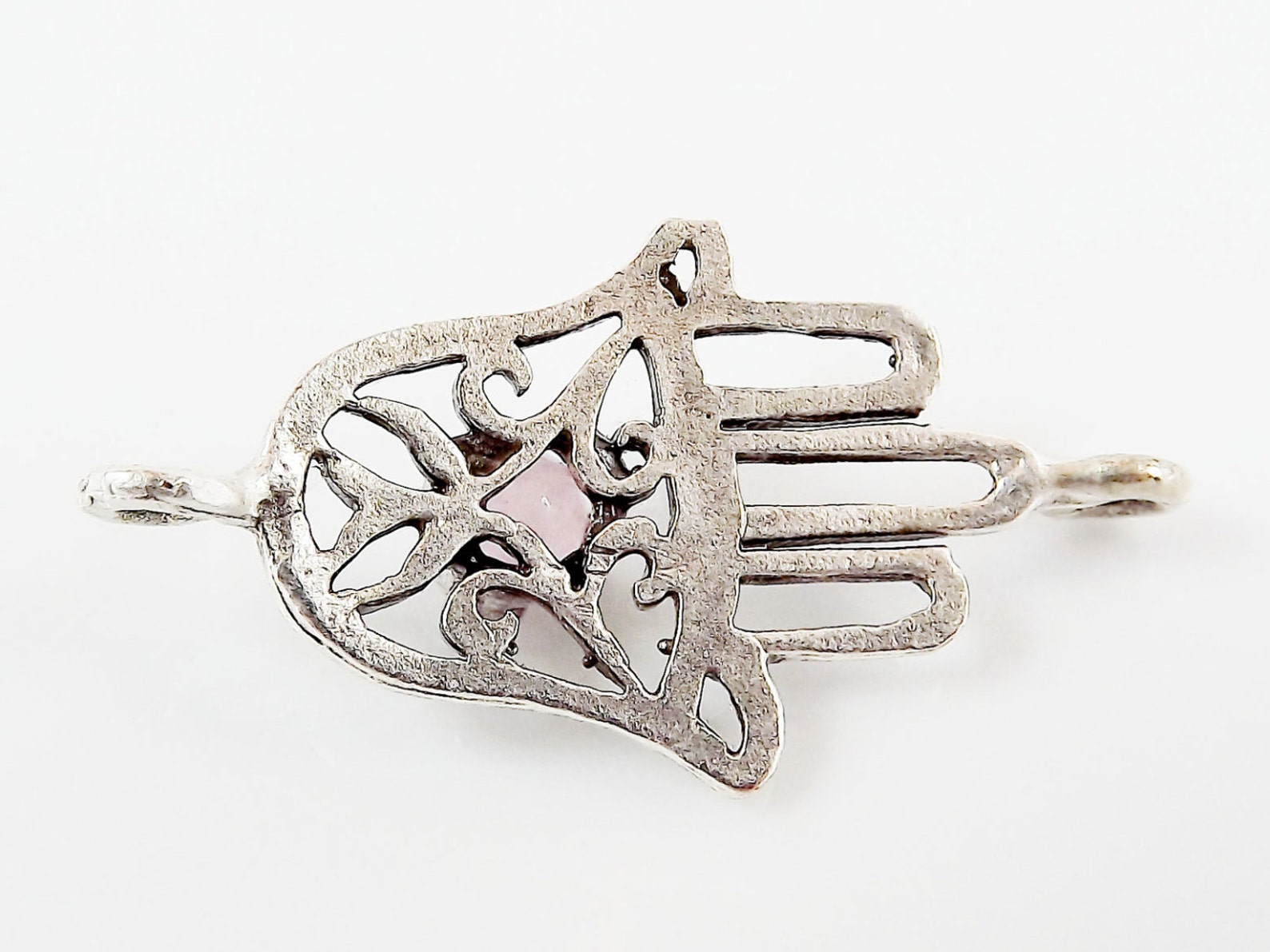 Hamsa Hand of Fatima Connector With Rose Jade Stone - Matte Silver ...