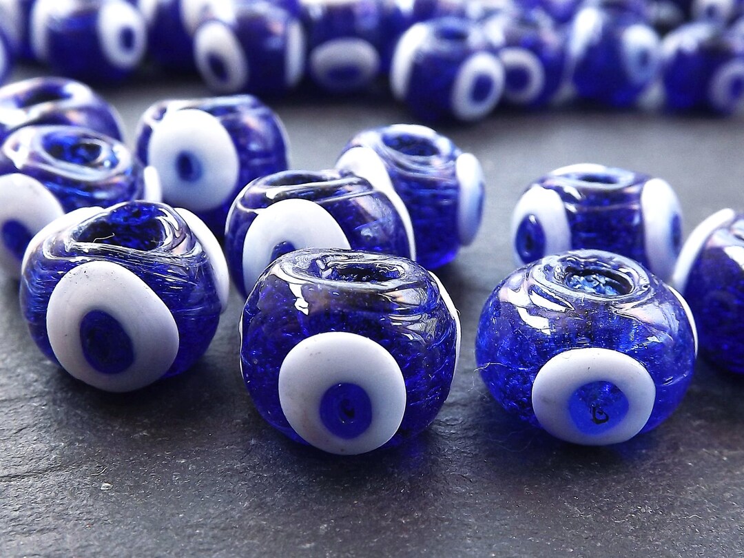 10 Blue Glass Evil Eye Beads, Chunky Rondelle Artisan Handmade Lucky ...