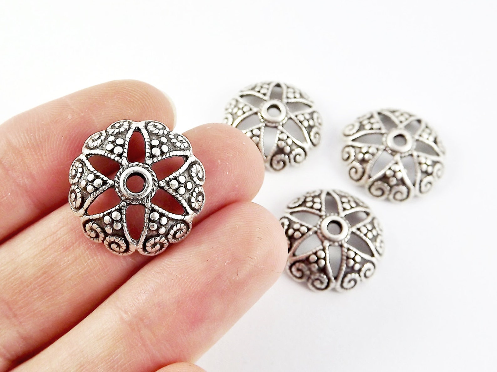 4 Shallow Curly Heart Lace Bead End Caps - 20mm Wide Matte Silver ...