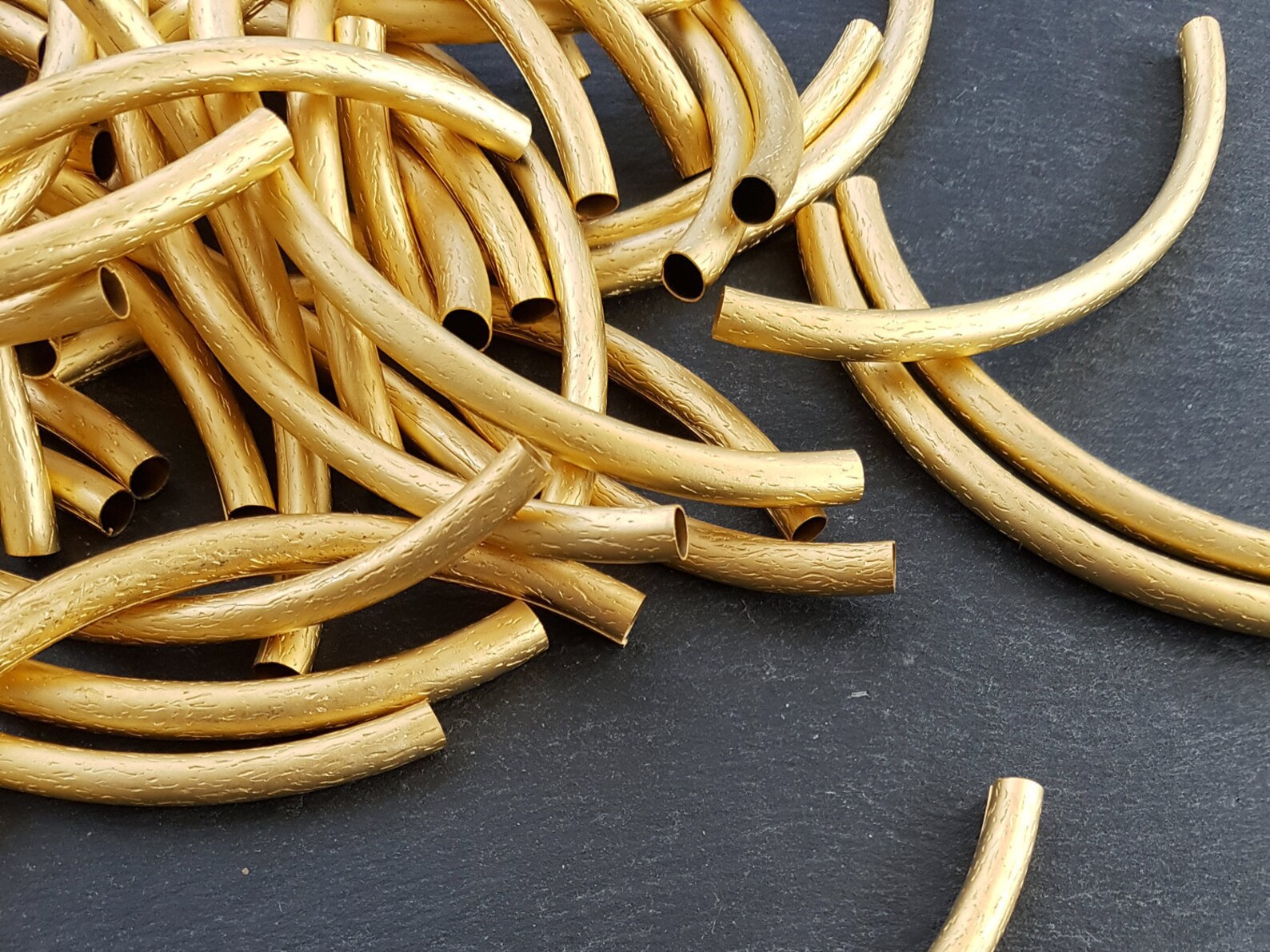 Gold Curve Tube Bead Bar, Large Curve Tube, Textured Tube Bead, Gold ...