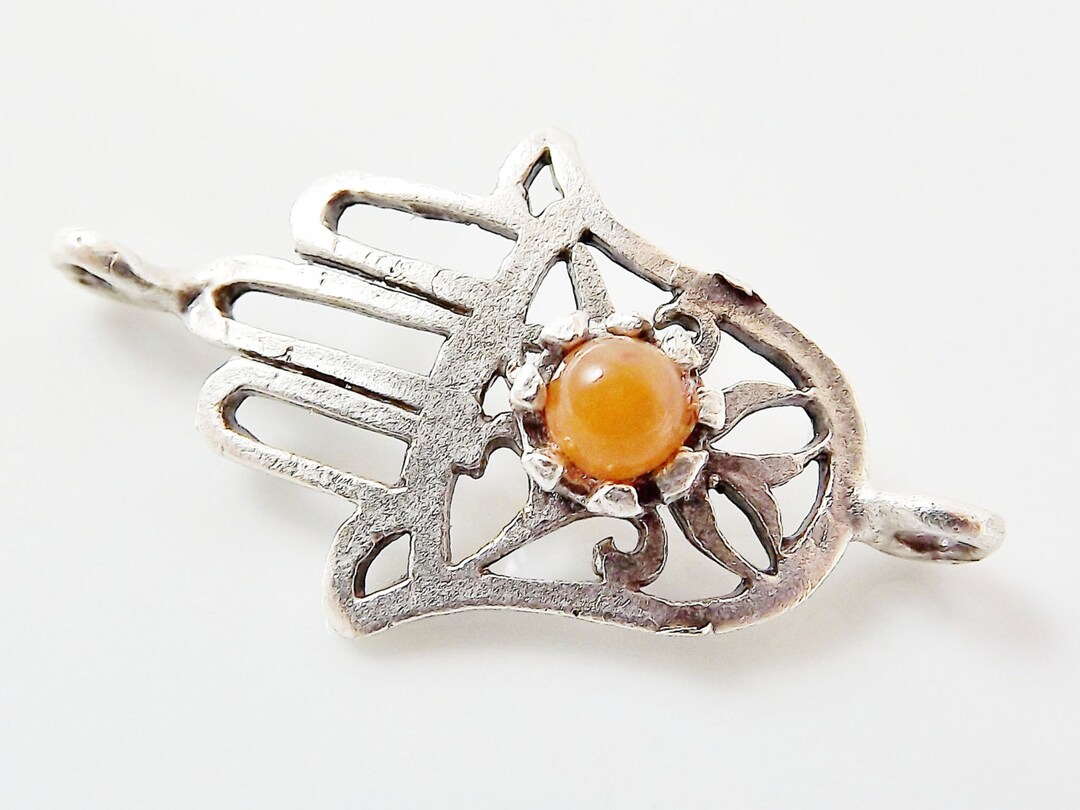 Hamsa Hand of Fatima Connector With Orange Jade Stone - Matte Silver ...