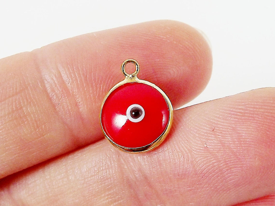 5 Poppy Red Evil Eye Nazar Artisan Glass Bead Charms - Gold Plated ...
