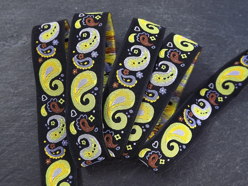 25mm Lime Green Black Indian Paisley Ribbon Woven Embroidered Jacquard ...
