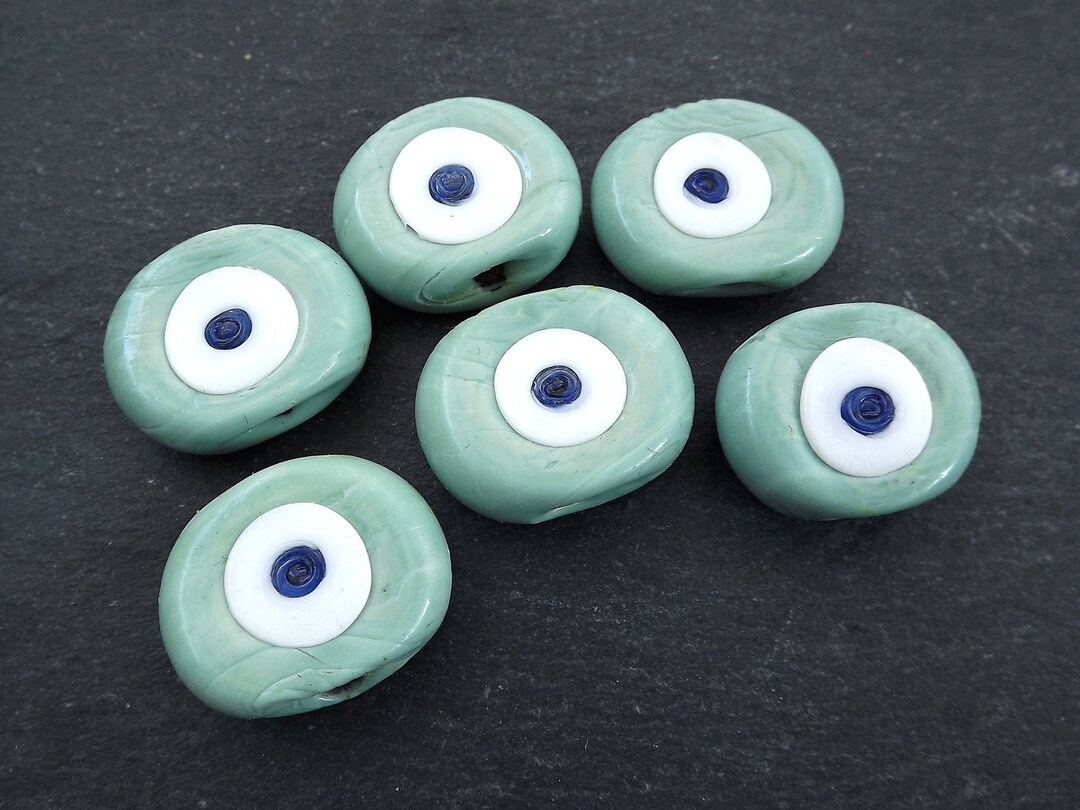 6 Seafoam Green Evil Eye Nazar Glass Bead, Aqua, Traditional Turkish ...
