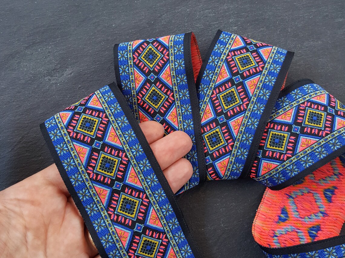 Ethnic Ribbon Geometric Diamond Blue Pink Black Woven - Etsy