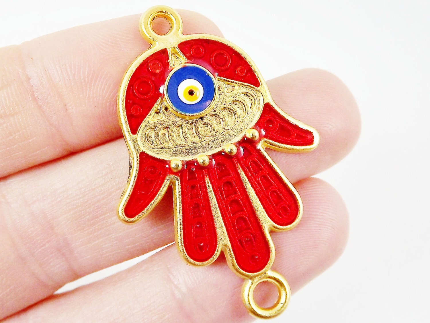 Red Hamsa Hand of Fatima Connector With Round Enameled Evil | Etsy