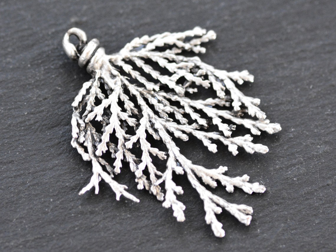Silver Conifer Leaf Branch Pendant Charm, Metal Leaf Pendant, Drop ...