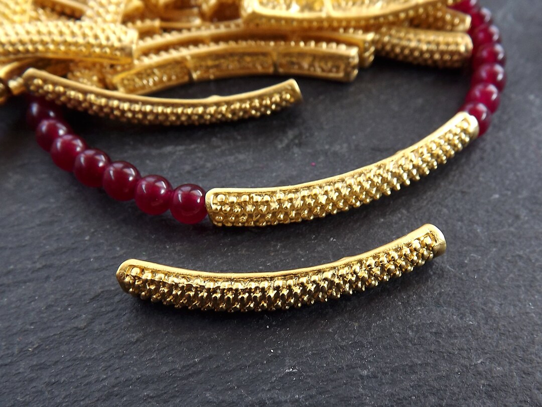 Bobbled Bar Bead, Gold Curve Bead, Gold Tube Spacer, Curve Tube ...