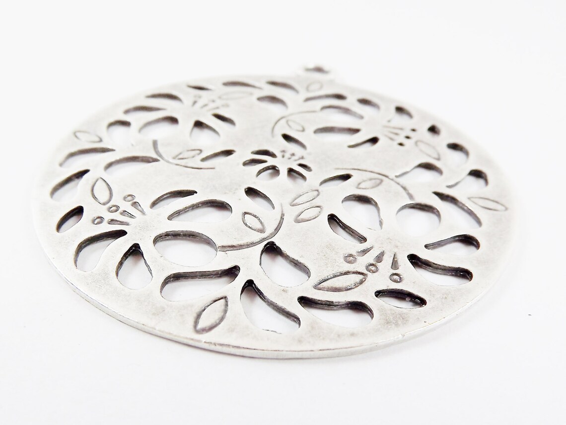 Extra Large Round Fretwork Flower Detail Pendant Matte - Etsy