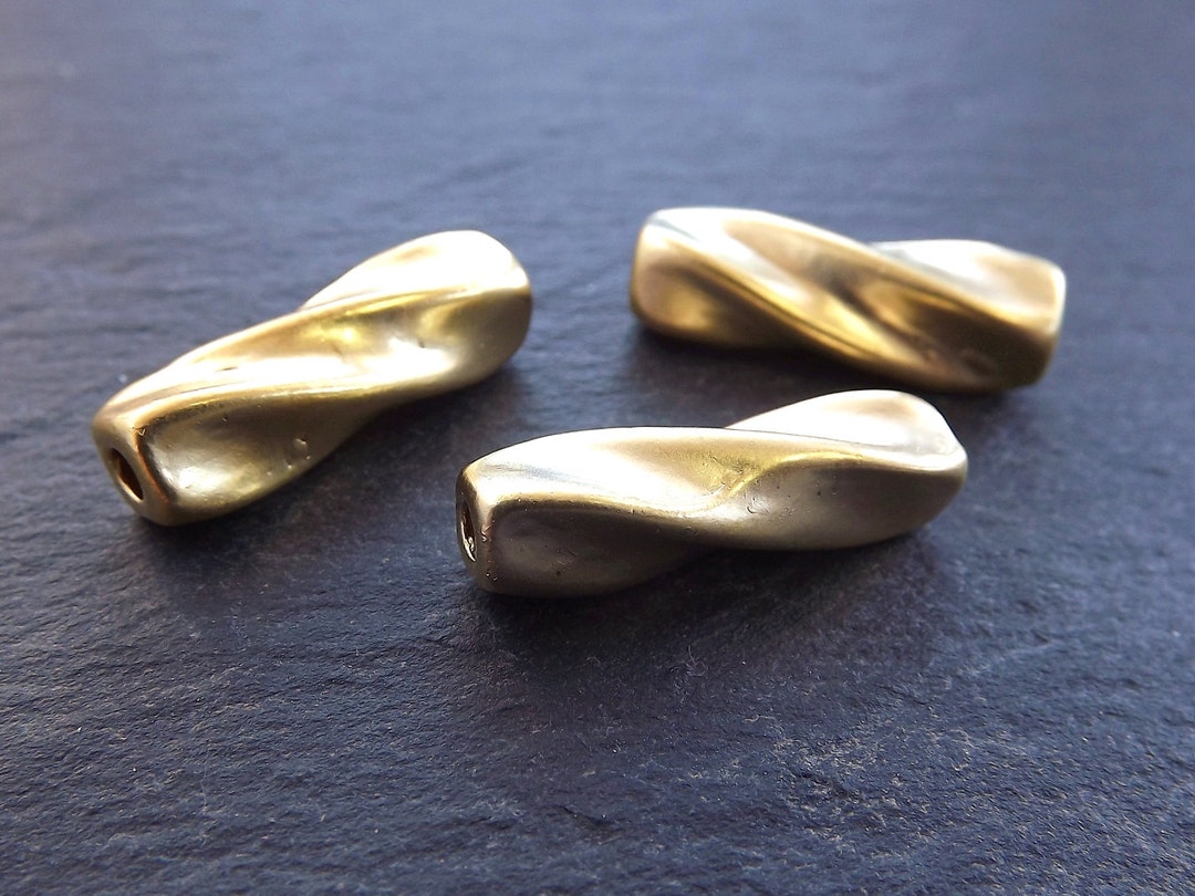 Large Long Twisted Metal Tube Beads - 22k Matte Gold Plated Brass - 3pc ...