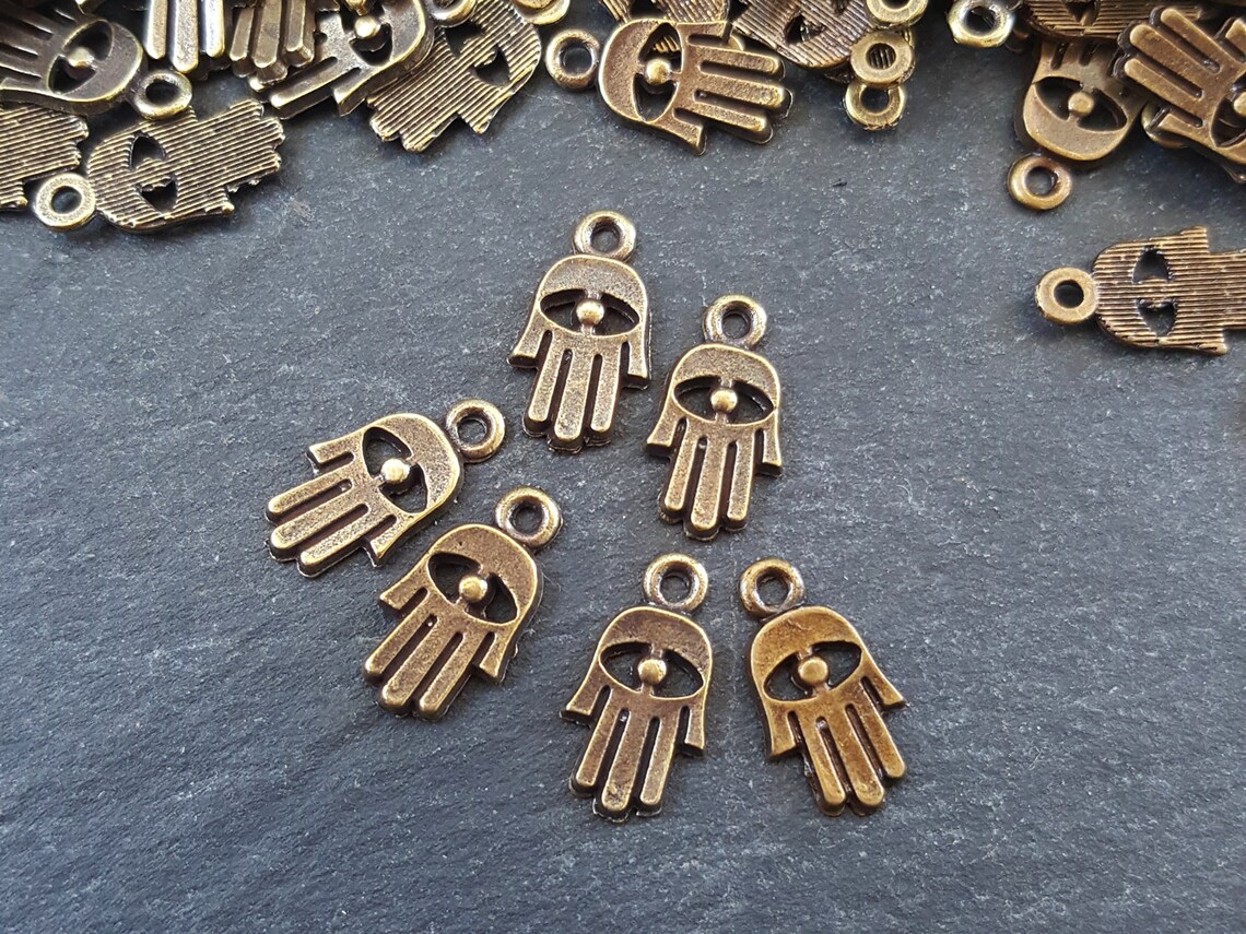 6 Rustic Mini Hamsa Hand of Fatima Eye Charms - Antique Bronze Plated ...